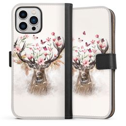 DeinDesign iPhone 13 Pro Max Handy Klapph&uuml;lle Handyh&uuml;lle aus Kunst Leder schwarz Flip Case Deer Flowers Animals Sideflip mit langer Lasche
