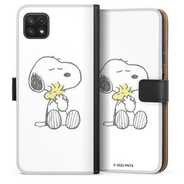 DeinDesign Galaxy A22 5G Handy Klapph&uuml;lle Handyh&uuml;lle aus Kunst Leder schwarz Flip Case Snoopy Peanuts Love Sideflip mit langer Lasche
