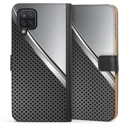 DeinDesign Galaxy A12 Handy Klapph&uuml;lle Handyh&uuml;lle aus Kunst Leder schwarz Flip Case Carbon Steel Metall Sideflip mit langer Lasche