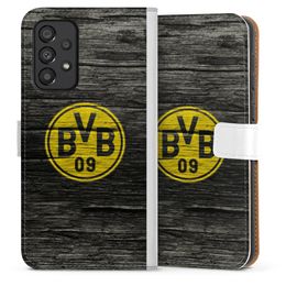 DeinDesign Galaxy A33 5G Handy Klapph&uuml;lle Handyh&uuml;lle aus Kunst Leder wei&szlig; Flip Case Bvb Wooden Look Borussia Dortmund Sideflip mit Lasche