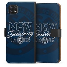 DeinDesign Galaxy A22 5G Handy Klapph&uuml;lle Handyh&uuml;lle aus Kunst Leder schwarz Flip Case Msv Duisburg Merchandise Soccer Sideflip mit langer Lasche