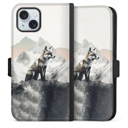DeinDesign iPhone 15 Handy Klapph&uuml;lle Handyh&uuml;lle aus Kunst Leder schwarz Flip Case Nature Mountain Fox Sideflip mit Lasche
