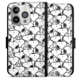 DeinDesign iPhone 14 Pro Handy Klapph&uuml;lle Handyh&uuml;lle aus Kunst Leder schwarz Flip Case Peanuts Snoopy Muster Sideflip mit langer Lasche