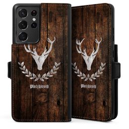 DeinDesign Galaxy S21 Ultra 5G Handy Klapph&uuml;lle Handyh&uuml;lle aus Kunst Leder schwarz Flip Case Wooden Look Deer Wood Sideflip mit Lasche