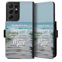 DeinDesign Galaxy S21 Ultra 5G Handy Klapph&uuml;lle Handyh&uuml;lle aus Kunst Leder schwarz Flip Case Statement Beach Spruch Sideflip mit Lasche