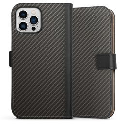 DeinDesign iPhone 13 Pro Max Handy Klapph&uuml;lle Handyh&uuml;lle aus Kunst Leder schwarz Flip Case Carbon Metallic Look Muster Sideflip mit langer Lasche