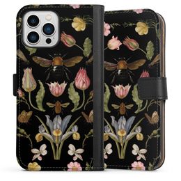 DeinDesign iPhone 13 Pro Max Handy Klapph&uuml;lle Handyh&uuml;lle aus Kunst Leder schwarz Flip Case Flower Wreath Bee Blossom Sideflip mit langer Lasche