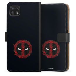 DeinDesign Galaxy A22 5G Handy Klapph&uuml;lle Handyh&uuml;lle aus Kunst Leder schwarz Flip Case Logo Marvel Deadpool Sideflip mit langer Lasche