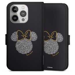 DeinDesign iPhone 14 Pro Handy Klapph&uuml;lle Handyh&uuml;lle aus Kunst Leder schwarz Flip Case Minnie Mouse Muster Disney Sideflip mit langer Lasche
