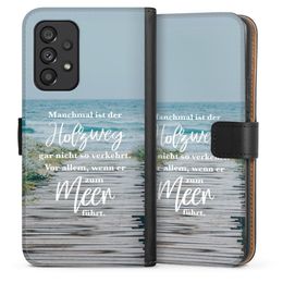 DeinDesign Galaxy A53 5G Handy Klapph&uuml;lle Handyh&uuml;lle aus Kunst Leder schwarz Flip Case Statement Beach Spruch Sideflip mit langer Lasche