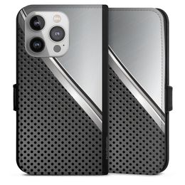 DeinDesign iPhone 14 Pro Handy Klapph&uuml;lle Handyh&uuml;lle aus Kunst Leder schwarz Flip Case Steel Metall Carbon Sideflip mit langer Lasche