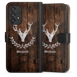 DeinDesign Galaxy A53 5G Handy Klapph&uuml;lle Handyh&uuml;lle aus Kunst Leder schwarz Flip Case Wood Deer Wooden Look Sideflip mit langer Lasche