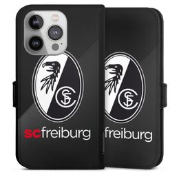 DeinDesign iPhone 14 Pro Handy Klapph&uuml;lle Handyh&uuml;lle aus Kunst Leder schwarz Flip Case Sc Freiburg Lettering Logo Sideflip mit langer Lasche