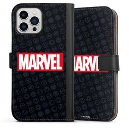 DeinDesign iPhone 13 Pro Max Handy Klapph&uuml;lle Handyh&uuml;lle aus Kunst Leder schwarz Flip Case Logo Marvel Comic Sideflip mit langer Lasche