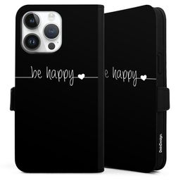 DeinDesign iPhone 14 Pro Max Handy Klapph&uuml;lle Handyh&uuml;lle aus Kunst Leder schwarz Flip Case Happiness Statement Sayings Sideflip mit Lasche