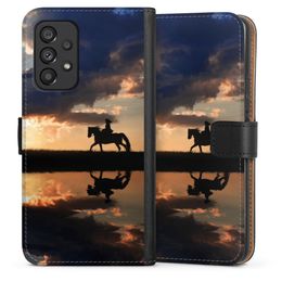 DeinDesign Galaxy A53 5G Handy Klapph&uuml;lle Handyh&uuml;lle aus Kunst Leder schwarz Flip Case Sunset Horse Horseback Riding Sideflip mit langer Lasche