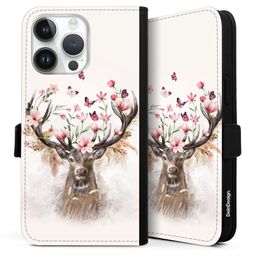 DeinDesign iPhone 14 Pro Max Handy Klapph&uuml;lle Handyh&uuml;lle aus Kunst Leder schwarz Flip Case Deer Flowers Animals Sideflip mit Lasche