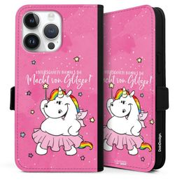 DeinDesign iPhone 14 Pro Max Handy Klapph&uuml;lle Handyh&uuml;lle aus Kunst Leder schwarz Flip Case Pummeleinhorn Official Licensed Product Pummel & Friends Sideflip mit 