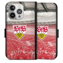 DeinDesign iPhone 14 Pro Handy Klapph&uuml;lle Handyh&uuml;lle aus Kunst Leder schwarz Flip Case Stadium Vfb Stuttgart Official Licensed Product Sideflip mit langer Lasche