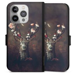 DeinDesign iPhone 14 Pro Handy Klapph&uuml;lle Handyh&uuml;lle aus Kunst Leder schwarz Flip Case Reindeer Flowers Rehe Sideflip mit langer Lasche