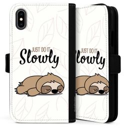 DeinDesign iPhone X Handy Klapph&uuml;lle Handyh&uuml;lle aus Kunst Leder schwarz Flip Case Animals Sloth Lazy Sunday Sideflip mit langer Lasche
