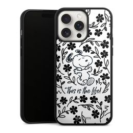 DeinDesign iPhone 15 Pro Max Handy Gallery Case Handyh&uuml;lle 9H Geh&auml;rtetes Glas R&uuml;ckseite H&uuml;lle Peanuts Flowers Snoopy Gallery Case