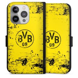 DeinDesign iPhone 14 Pro Handy Klapph&uuml;lle Handyh&uuml;lle aus Kunst Leder schwarz Flip Case Bvb Official Licensed Product Borussia Dortmund Sideflip mit langer Lasche