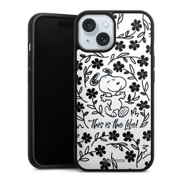 DeinDesign iPhone 15 Handy Gallery Case Handyh&uuml;lle 9H Geh&auml;rtetes Glas R&uuml;ckseite H&uuml;lle Peanuts Flowers Snoopy Gallery Case