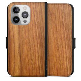DeinDesign iPhone 14 Pro Handy Klapph&uuml;lle Handyh&uuml;lle aus Kunst Leder schwarz Flip Case Larch Wood Wooden Look Sideflip mit langer Lasche
