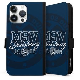 DeinDesign iPhone 14 Pro Max Handy Klapph&uuml;lle Handyh&uuml;lle aus Kunst Leder schwarz Flip Case Soccer Merchandise Msv Duisburg Sideflip mit Lasche