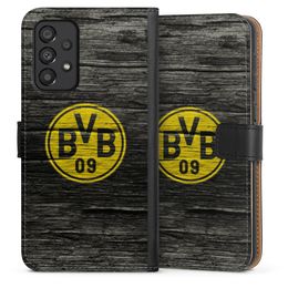 DeinDesign Galaxy A33 5G Handy Klapph&uuml;lle Handyh&uuml;lle aus Kunst Leder schwarz Flip Case Bvb Wooden Look Borussia Dortmund Sideflip mit langer Lasche