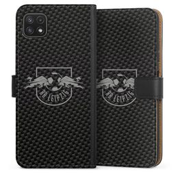 DeinDesign Galaxy A22 5G Handy Klapph&uuml;lle Handyh&uuml;lle aus Kunst Leder schwarz Flip Case Rb Leipzig Carbon Metallic Look Sideflip mit langer Lasche