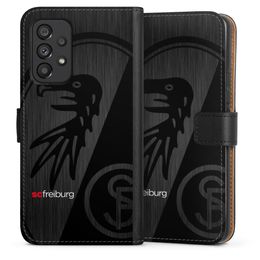 DeinDesign Galaxy A53 5G Handy Klapph&uuml;lle Handyh&uuml;lle aus Kunst Leder schwarz Flip Case Metallic Look Sc Freiburg Official Licensed Product Sideflip mit langer 