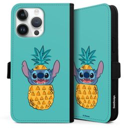 DeinDesign iPhone 14 Pro Max Handy Klapph&uuml;lle Handyh&uuml;lle aus Kunst Leder schwarz Flip Case Disney Lilo & Stitch Pineapple Sideflip mit Lasche