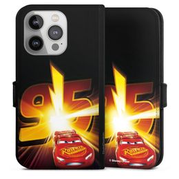 DeinDesign iPhone 14 Pro Handy Klapph&uuml;lle Handyh&uuml;lle aus Kunst Leder schwarz Flip Case Official Licensed Product Cars Lightning Mcqueen 95 Sideflip mit langer 
