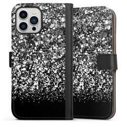 DeinDesign iPhone 13 Pro Max Handy Klapph&uuml;lle Handyh&uuml;lle aus Kunst Leder schwarz Flip Case Muster Snowflake Glitzer Sideflip mit langer Lasche