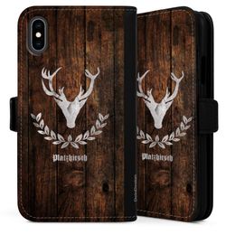 DeinDesign iPhone X Handy Klapph&uuml;lle Handyh&uuml;lle aus Kunst Leder schwarz Flip Case Wooden Look Deer Wood Sideflip mit langer Lasche