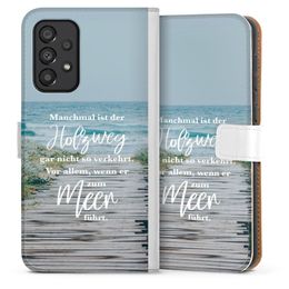 DeinDesign Galaxy A33 5G Handy Klapph&uuml;lle Handyh&uuml;lle aus Kunst Leder wei&szlig; Flip Case Statement Beach Spruch Sideflip mit Lasche