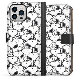 DeinDesign iPhone 13 Pro Max Handy Klapph&uuml;lle Handyh&uuml;lle aus Kunst Leder schwarz Flip Case Peanuts Snoopy Muster Sideflip mit langer Lasche
