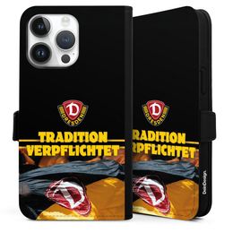 DeinDesign iPhone 14 Pro Max Handy Klapph&uuml;lle Handyh&uuml;lle aus Kunst Leder schwarz Flip Case Sgd Sg Dynamo Dresden Merchandise Sideflip mit Lasche
