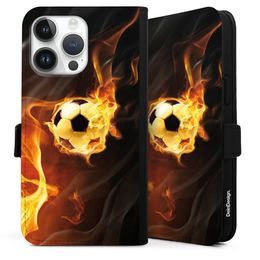 DeinDesign iPhone 14 Pro Max Handy Klapph&uuml;lle Handyh&uuml;lle aus Kunst Leder schwarz Flip Case Soccer Ball Fire Sideflip mit Lasche