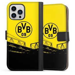 DeinDesign iPhone 13 Pro Max Handy Klapph&uuml;lle Handyh&uuml;lle aus Kunst Leder schwarz Flip Case Merchandise Bvb Borussia Dortmund Sideflip mit langer Lasche