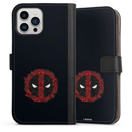 DeinDesign iPhone 13 Pro Max Handy Klapph&uuml;lle Handyh&uuml;lle aus Kunst Leder schwarz Flip Case Logo Marvel Deadpool Sideflip mit langer Lasche