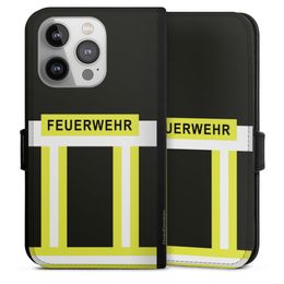 DeinDesign iPhone 14 Pro Handy Klapph&uuml;lle Handyh&uuml;lle aus Kunst Leder schwarz Flip Case Fire Fighters Job Fire Fighter Sideflip mit langer Lasche