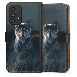 DeinDesign Galaxy A53 5G Handy Klapph&uuml;lle Handyh&uuml;lle aus Kunst Leder schwarz Flip Case Nature Painting Wolf Sideflip mit langer Lasche