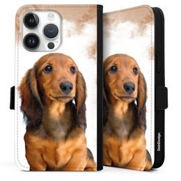 DeinDesign iPhone 14 Pro Max Handy Klapph&uuml;lle Handyh&uuml;lle aus Kunst Leder schwarz Flip Case Pet Dachshund Dog Sideflip mit Lasche
