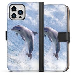 DeinDesign iPhone 13 Pro Max Handy Klapph&uuml;lle Handyh&uuml;lle aus Kunst Leder schwarz Flip Case Wale Ocean Dolphin Sideflip mit langer Lasche