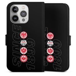 DeinDesign iPhone 14 Pro Handy Klapph&uuml;lle Handyh&uuml;lle aus Kunst Leder schwarz Flip Case Eagle Logo Eintracht Frankfurt Sideflip mit langer Lasche
