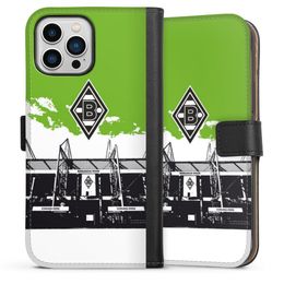 DeinDesign iPhone 13 Pro Max Handy Klapph&uuml;lle Handyh&uuml;lle aus Kunst Leder schwarz Flip Case Merchandise Borussia M&ouml;nchengladbach Stadium Sideflip mit langer 