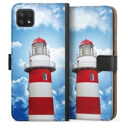 DeinDesign Galaxy A22 5G Handy Klapph&uuml;lle Handyh&uuml;lle aus Kunst Leder schwarz Flip Case Cloud Lighthouse Sky Sideflip mit langer Lasche